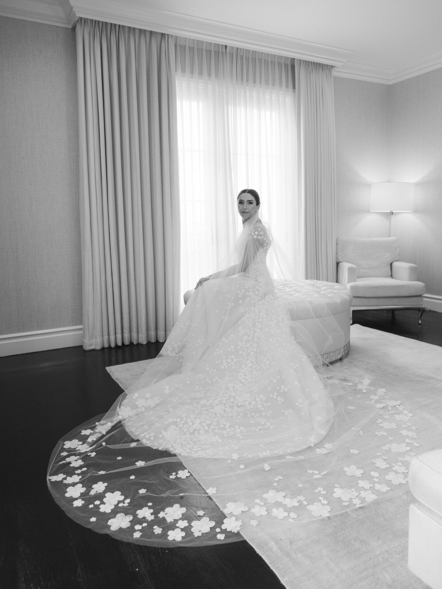 Amanda Michaud in Karla gown with matching veil and short-sleeve topper ...