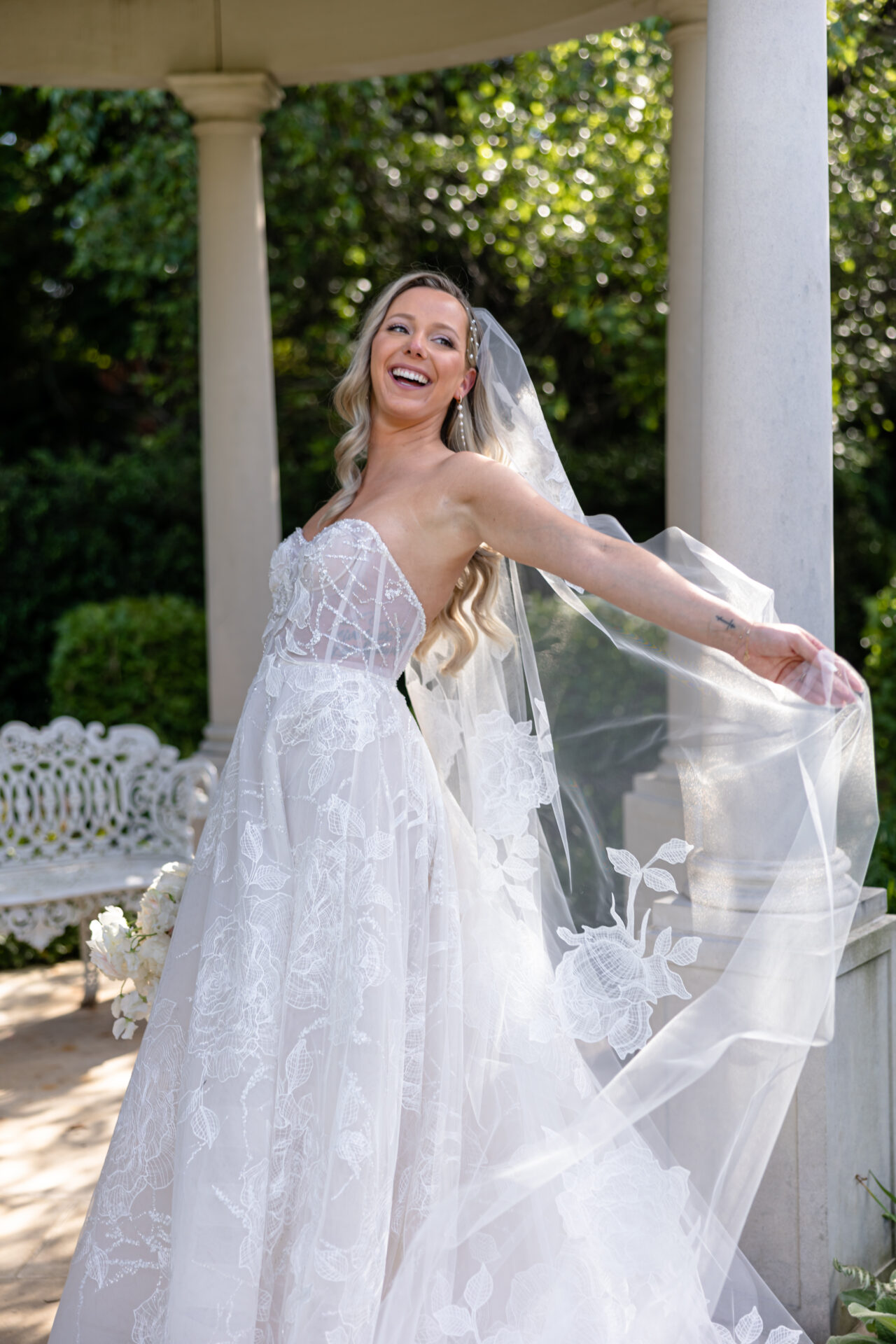 Emily Miller in Ella gown and matching veil - Mira Zwillinger